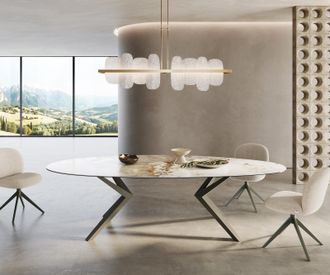 DELIFE Esstisch Edge Oval 280x130 Keramik Minas Melange Wei&szlig;-Beige Zenthara kantig Metall Effektfinish Titan, Esstische