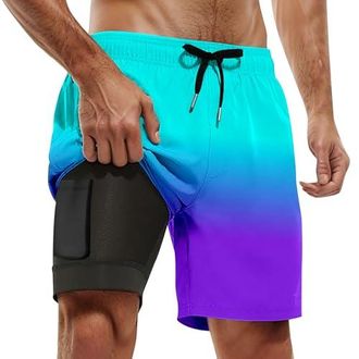 Generic Maillot de bain pour homme avec doublure de compression, short de bain 2 en 1, &eacute;lastique, &agrave; s&eacute;chage rapide, avec poches, bleu ciel, 4XL