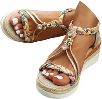 Generic Sandales compens&eacute;es &agrave; large largeur pour femme, sandales d&eacute;t&eacute; habill&eacute;es &agrave; bout ouvert et perles pour femme, chaussures de marche vintage antid&eacute;rapante