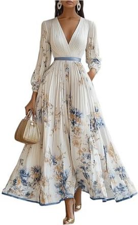 Generic Robe longue &agrave; manches longues pour femme - Col en V - Manches courtes - Pour mariage, vacances, plage, b blanc, XXL