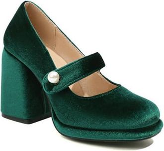 Generico Chaussures De Ville &Agrave; Talon Bloc Velours pour Femmes - Escarpins avec Bride Cheville Perle pour Soir&eacute;es & Travail 9CM,Vert,36 EU