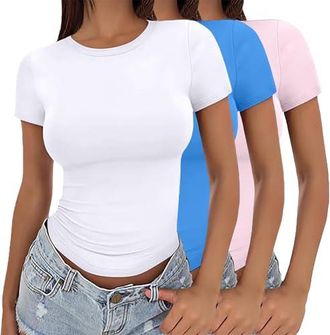Generic Lot de 3 t-shirts &agrave; manches courtes pour femme - Maillot de corps basique court - T-shirts d&eacute;t&eacute; Y2K - Couleur unie - Coupe ajust&eacute;e - Pour adolescentes