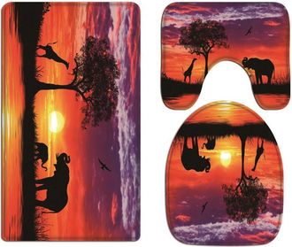 A.Monamour Badezimmer Badematte 3 Teilig Set Elefanten Giraffen Baums Der Afrikanischen Tiere Himmel Flanell WC Toilette Deckel Deckt Bad Matte Teppich Badteppic