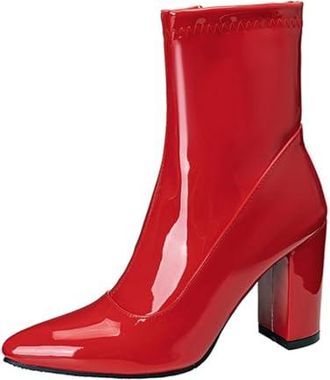 Smilice Bottines pour femme en cuir verni - Talon bloc de 8,5 cm et fermeture &eacute;clair lat&eacute;rale pour lhiver et les soir&eacute;es, rouge, 41 EU