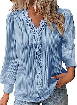 Generic Chemisiers en soie pour femme - Haut à manches longues pour femme - Col en V - Pull à manches longues bouffantes - Chemisier en dentelle - Col en V - 