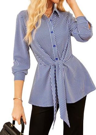 Grace Karin Chemisier rayé à manches longues pour femme - Chemise daffaires boutonnée - Haut péplum à nouer sur le devant, bleu, XXL