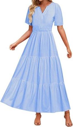 Generico Robe d&eacute;t&eacute; d&eacute;contract&eacute;e en coton pour femme avec manches bouffantes, col en V Robe de loisirs d&eacute;t&eacute; en ligne A avec volants et poches manches courtes et