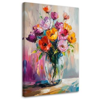 Feeby Bild auf Leinwand - Wandbilder Wohnzimmer Aesthetic - Strau&szlig; bunter Tulpen in einer Vase - 60x90 1tlg - Schlafzimmer Wandekoration - Bilder Zimmer - L