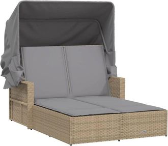 vidaXL Chaise longue double et auvent et coussins m&eacute;lange beige rotin vidaXL