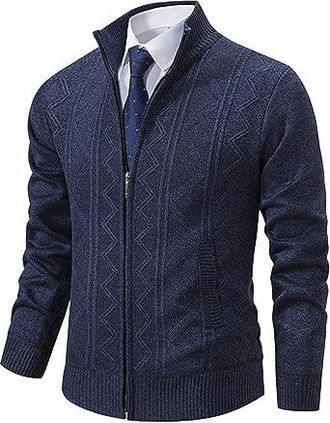 Generic Cardigan tricot&eacute; &agrave; fermeture &eacute;clair int&eacute;grale pour homme, manteau chandail &eacute;pais &agrave; col montant, veste en tricot doubl&eacute; en polaire, pull d&eacute;contract&eacute; en