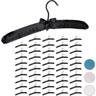 Relaxdays 50 x Kleiderb&uuml;gel Satin, weich gepolstert, 360&deg; drehbarer Haken, dekorative Schleife, Satinb&uuml;gel, 38 cm breit, schwarz