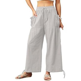 Generic Pantalon boh&egrave;me d&eacute;contract&eacute; pour femme - Jambe large - Cordon de serrage - Taille haute - Pantalon de plage avec poches, Argent&eacute;., XXL