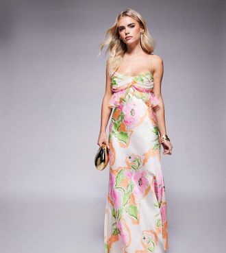 Asos Petite ASOS DESIGN Petite - Robe longue en satin avec buste en mousseline à fleurs - Rose-Multicolore