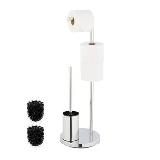 Relaxdays WC Garnitur, Edelstahl, HxD: 68 x 22 cm, stehender Klopapierhalter, Toilettenb&uuml;rste mit B&uuml;rstenhalter, Silber