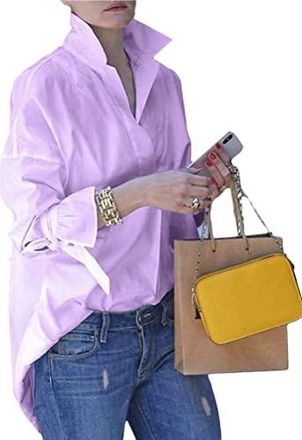 TOMWELL Femme Chemisier Blanche Tops Col en V Couleur Unie Chemisier Bouton Décontracté à Manches Longues pour Femmes Casual Lâche Blouse Elegant Chemise de B