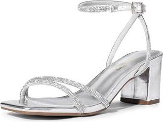 Dream Pairs Sandales &agrave; talons bas pour femme - Bout ouvert - Sangle de cheville - Confortables - Pour f&ecirc;te de mariage, Strass argent&eacute;s, 41 EU