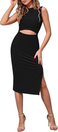 Pink Queen Damen Rundhals Kleid &Auml;rmellos Ausschnitt Seitenschlitz Knielang Bodycon Schlank Midikleid Cut Out Schwarz XS
