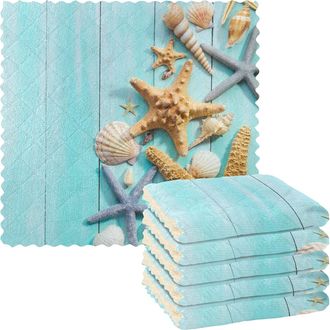Mnsruu Küchentücher, Geschirrtuch, Motiv: Ozean, Seestern, Muscheln, auf Holz, schnell trocknend, superweich, 28 x 28 cm, 6 Stück