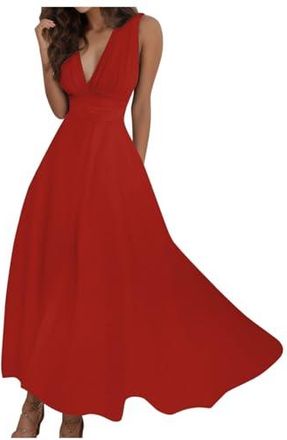 Generic Robe De Soiree Femme sans Manches, Robe Longue Sexy Col V Chic Et Elegant Maxi Robes Grande Taille à Taille Haute Couleur Unie Casual Dress pour Femme