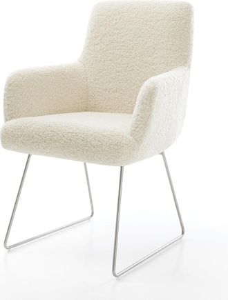 DELIFE Esszimmerstuhl Heira-Flex mit Armlehnen Teddystoff Beige Kufengestell Edelstahl Taschenfederkern, Esszimmerstühle