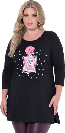 Miamoda Damen gro&szlig;e Gr&ouml;&szlig;en &Uuml;bergr&ouml;&szlig;en Plus Size Longshirt, Flakon-Motiv mit Zierperlen, 3/4-&Auml;rmel schwarz 44 845440100-44