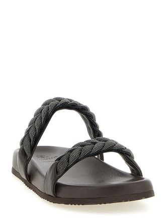 Brunello Cucinelli Womens Brown Leather Slides Shoe