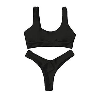 Generic Ensemble bikini push-up deux pi&egrave;ces pour femme - Rembourr&eacute; - Taille haute - Col en V - Maillot de bain de vacances - V&ecirc;tements de vacances, Noir, XXL
