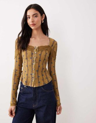 Free People Lets Party - Top boutonn&eacute; &agrave; fleurs - Combo ruche-Multicolore