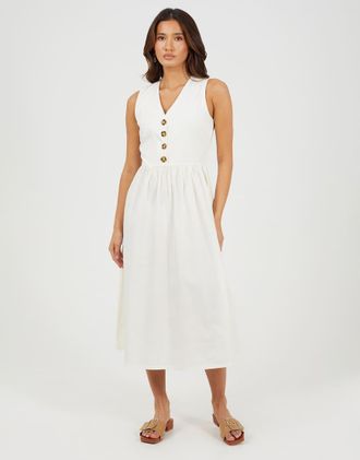 Brave Soul Robe mi-longue boutonn&eacute;e sans manches &agrave; col V - Cr&egrave;me-Blanc