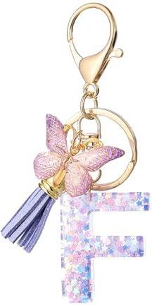 Generic Porte-cl&eacute;s en r&eacute;sine avec pendentif papillon et pompon en forme de lettre de lalphabet A Z pour sac de femme Petit portefeuille pour femme, PP6, taill