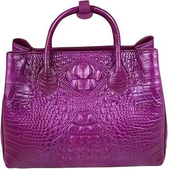 Generic Sac cabas pour femme, sac à main violet tendance en cuir dalligator véritable, grand sac à bandoulière en cuir de crocodile véritable