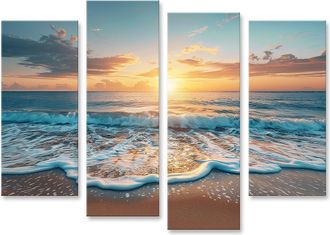 Islandburner Bild auf Leinwand Küsten Sonnenuntergang mit schaumigen Wellen, die auf sandigem Ufer krachen - friedli Bilder Wandbilder Poster