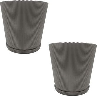 Relaxdays Blumentopf, 2er Set, Pflanztopf mit Untersetzer, Rillen, H x D: 20 x 20 cm, Kräutertopf, Kunststoff, hellgrau