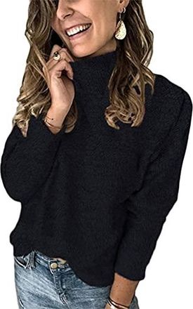 TOMWELL Pull Femme Hiver Manche Longues Casual Pullover Col Roul&eacute; Tops Mode Chaud Solide Sweater Pullover Blouse A Noir XXL