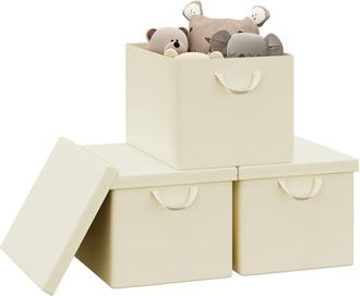 Woltu Boîte de Rangement Pliable, Lot de 3 Paniers de Rangement en Tissu Non-Tissé, avec Poignées et Couvercle, pour Vêtements et Jouets, Crème, 48x36x30cm