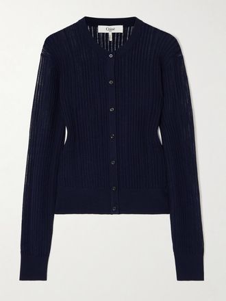 Chlo&eacute; Cardigan Aus Gerippter Wolle In Pointelle-strick - Blau
