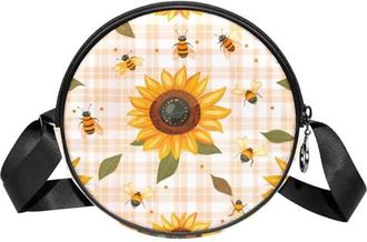 Generic Petit sac &agrave; bandouli&egrave;re rond pour femme, motif tournesol avec fermeture &eacute;clair, bretelles r&eacute;glables, style d&eacute;contract&eacute;, pour femmes et filles