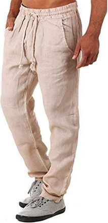 Generic Pantalon d&eacute;t&eacute; long en lin pour homme - Pantalon de loisirs avec cordon de serrage - Pantalon en lin a&eacute;r&eacute; - Pantalon de travail l&eacute;ger - S&eacute;chage rapide 