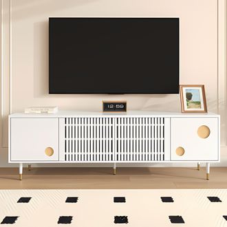 Generic TV-Schrank mit Gitterstruktur und versteckten Griffen, Massivholzt&uuml;ren, stabilem Aufbau, geordneter Medienorganisation und goldakzentuiertem Design f&uuml;