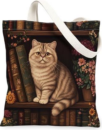 Generic Sac fourre-tout en toile motif chat exotique &agrave; poils courts pour faire du shopping, 33 x 38,1 cm, sac d&eacute;picerie r&eacute;utilisable pour femme, motif animal 