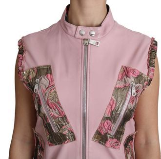 Dolce & Gabbana Womens Pink Zippered Lamb Sleeveless Vest Leather Jacket Polyester Cotton Nylon Clothing
