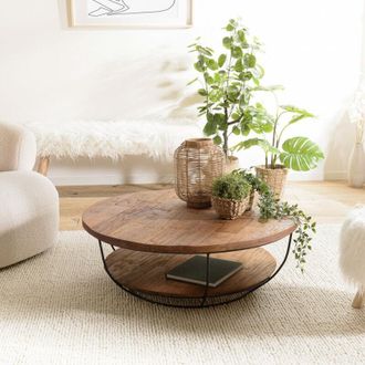 Macabane Macabane - sixtine - Table basse coque ronde 100x100cm double plateau teck recyclé métal noir