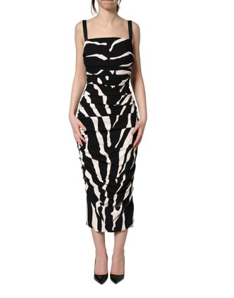 Dolce & Gabbana Womens Black White Zebra Cady Calf Length Dress And Viscose Spandex