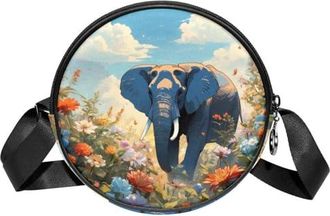 Generic Petit sac &agrave; bandouli&egrave;re rond pour femme, motif &eacute;l&eacute;phant, fleur d&eacute;l&eacute;phant avec fermeture &eacute;clair, bretelles r&eacute;glables, sac &agrave; main rond d&eacute;contract&eacute; pour 