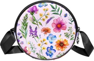 Generic Sac &agrave; bandouli&egrave;re rond pour femme, motif fleurs color&eacute;es, petit sac &agrave; bandouli&egrave;re avec fermeture &eacute;clair, bretelles r&eacute;glables, sac &agrave; main rond d&eacute;contra