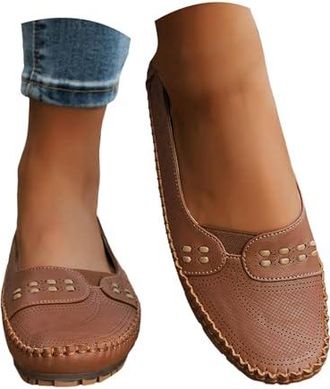 Generic Mocassins pour femmes, mocassins et mocassins orthopédiques décontractés à enfiler en cuir compensé confortables - Chaussures basses en cuir - Platefo
