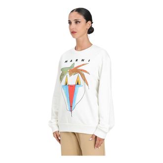 Marni Femme, Sweatshirts et sweats &agrave; capuche, Blanc, Taille: 40 FR Sweat &agrave; Col Rond Blanc avec Graphique Jungle
