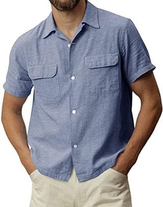 Onsoyours Chemise à Manches Courtes pour Hommes Dété Classique Chemise Boutonnée Lâche Décontractée Cool Et Confortable B Bleu 3XL