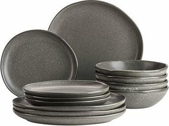 Mäser 934008 Serie Marlena, Modernes Vintage Geschirr-Set für 4 Personen, 12-teiliges Tellerset mit edel glänzender, grauer Glasur mit weißen Sprenkeln, Ste