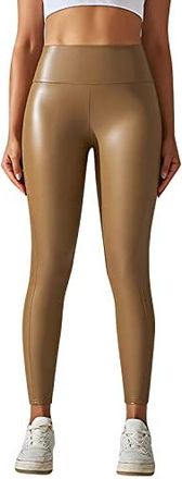 Generic Legging en cuir synth&eacute;tique pour femme - Aspect cuir - Pantalon de yoga - Taille haute - Pantalon extensible confortable - Collants Scrunch vernis - P